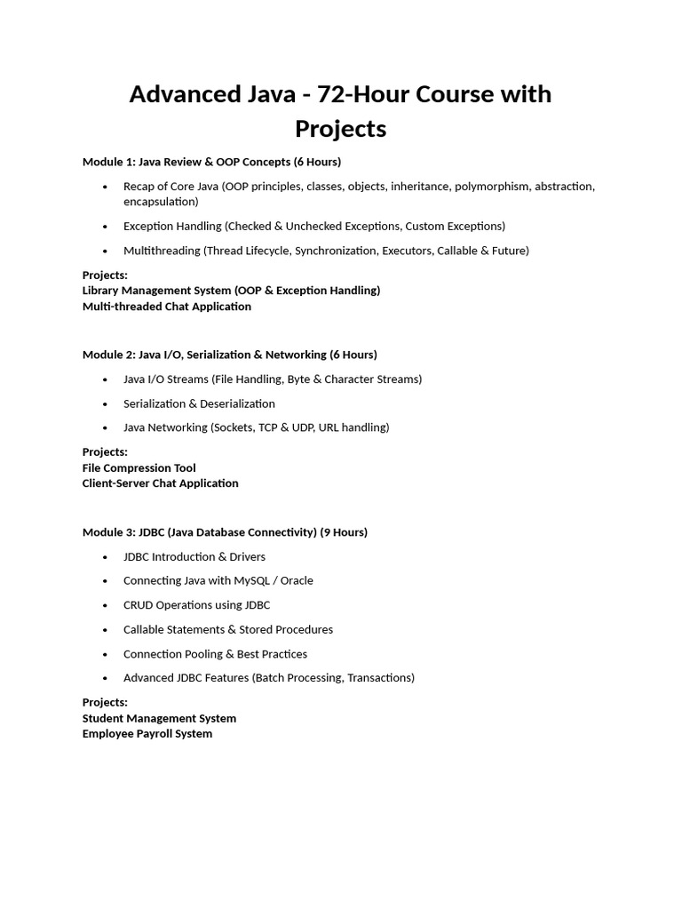 Advanced Java 72 HOURS Syllabus | PDF | Spring Framework | Java (Programming Language)