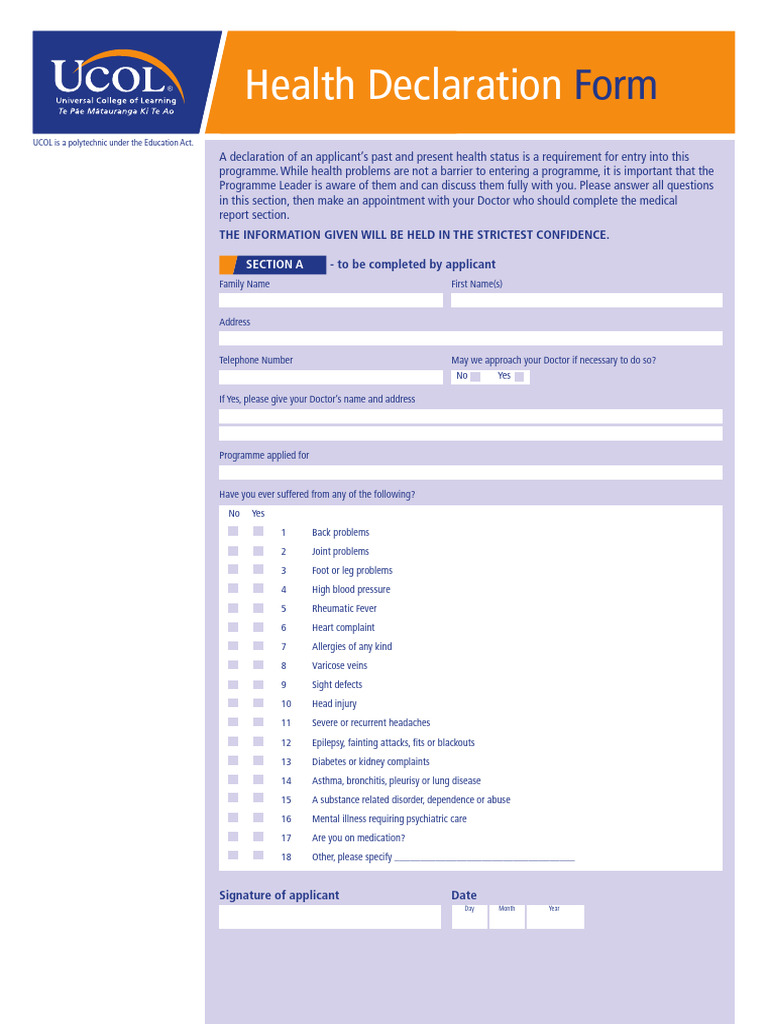Health Declaration Form Jan 2017 | PDF | Chronic Condition | Health Care
