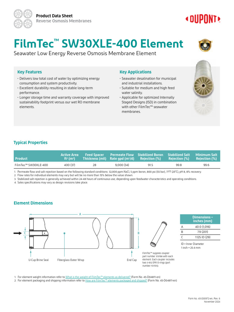 FilmTec SW30XLE 400 PDS 45 D00972 en | PDF | Membrane | Materials
