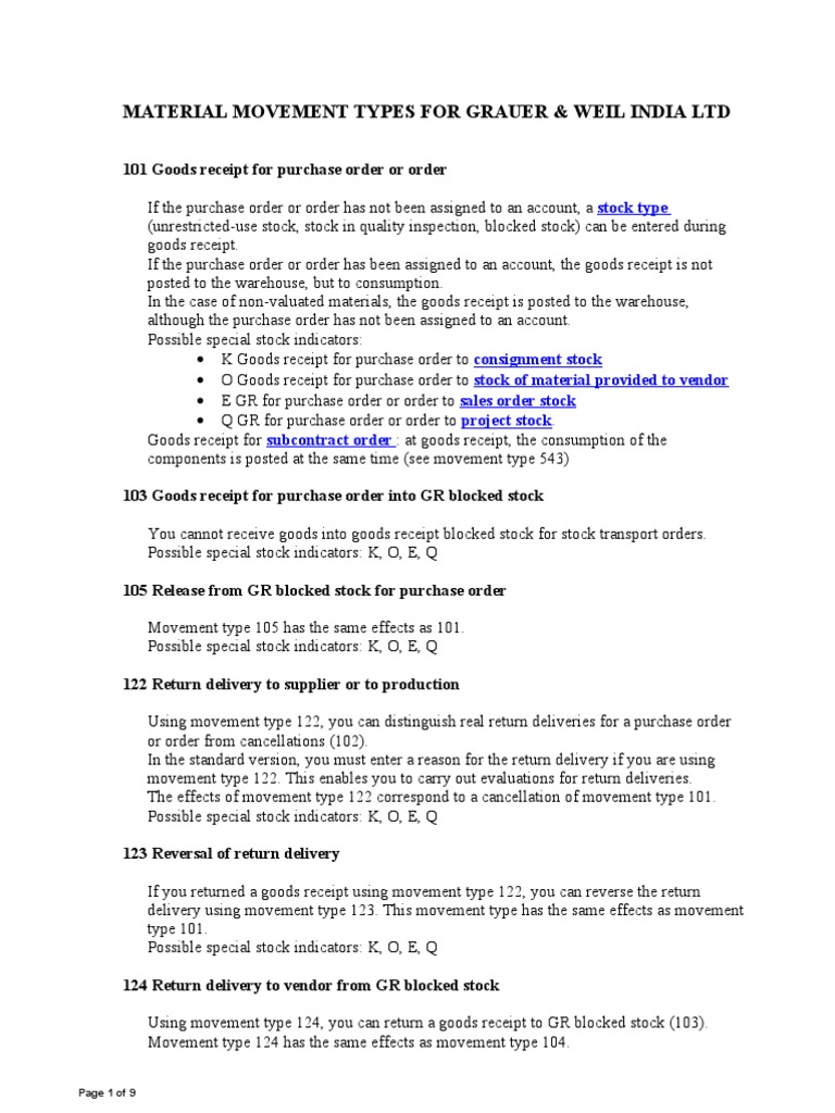 Movement Types | PDF | Delivery (Commerce) | Warehouse