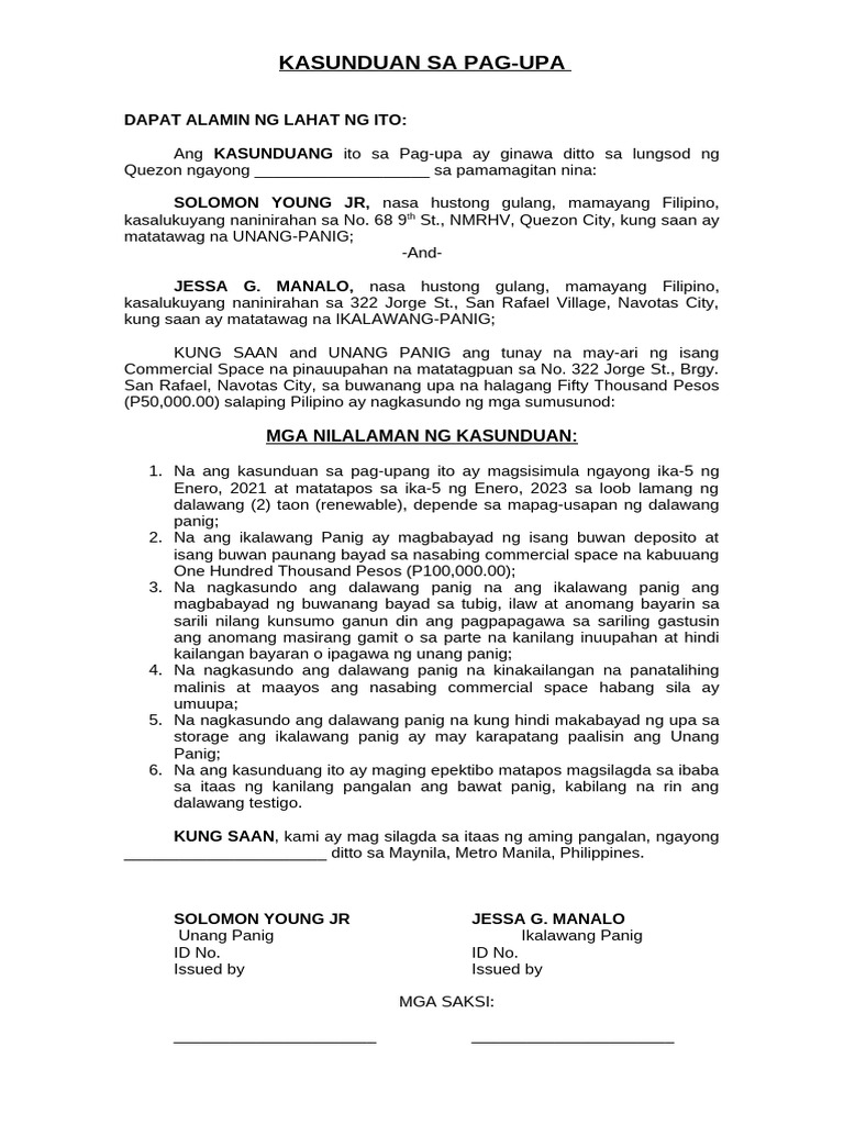 Kasunduan Sa Pagpapa-Upa 2-18-2021 | PDF