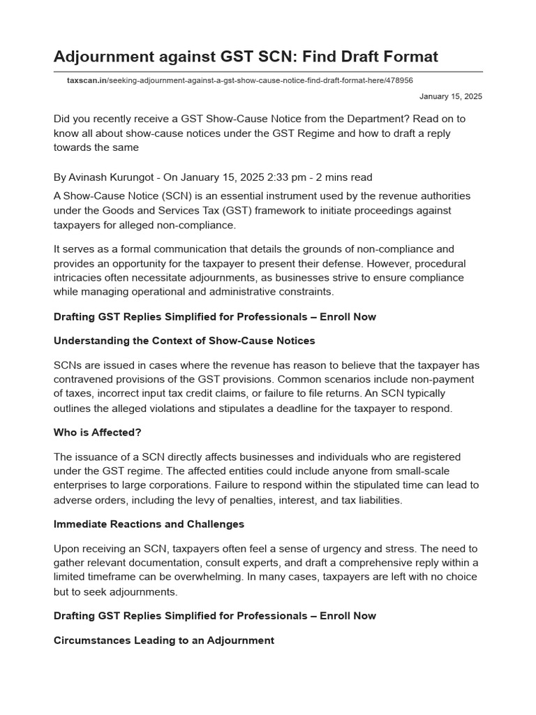 Draft Format for GST SCN Adjournment | PDF | Taxes | Governance