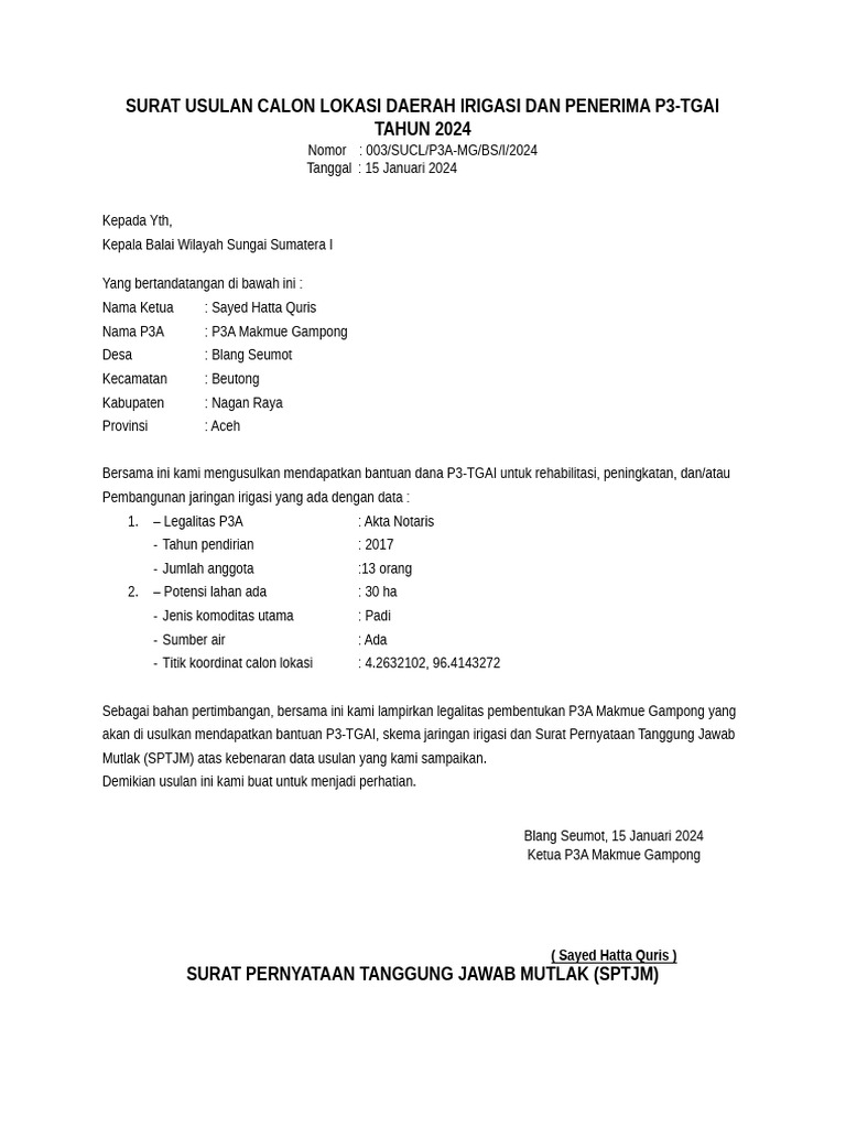 Surat Usulan Dan SPTJM Blang Seumot | PDF