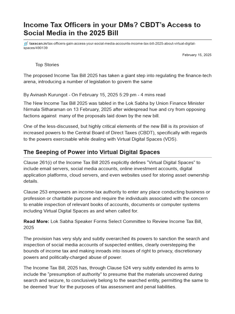 Income Tax Officers in your DMs_ CBDT’s Access to Social Media in the 2025 Bill | PDF | Taxes ...