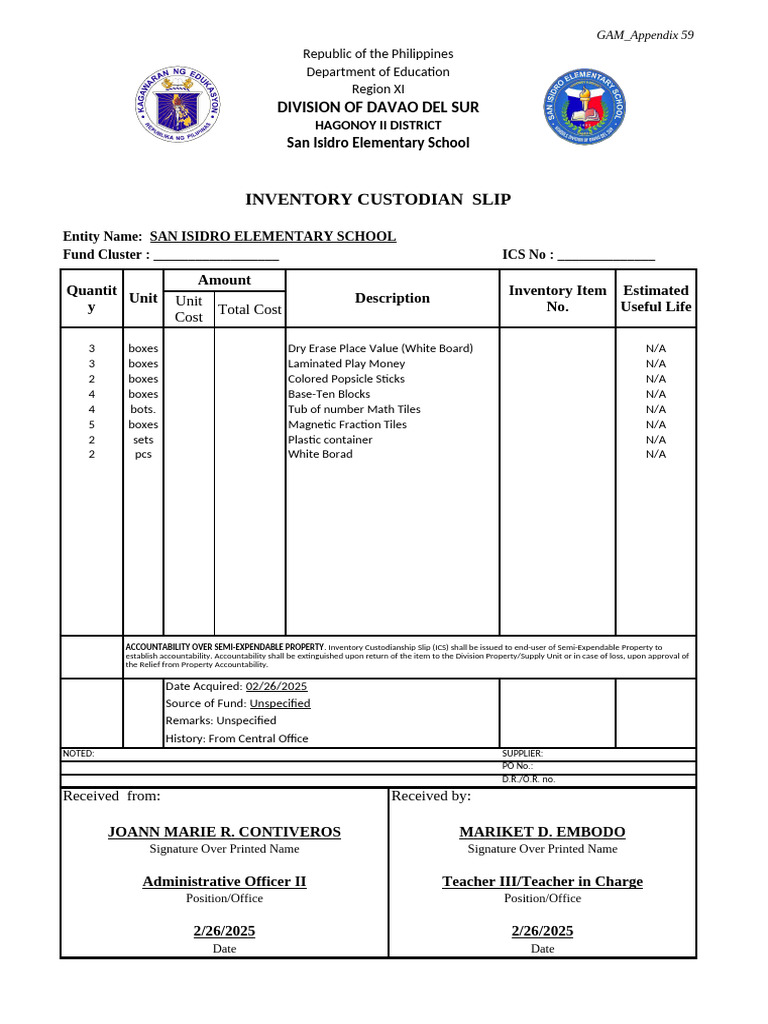 San Isidro School Inventory Slip | PDF