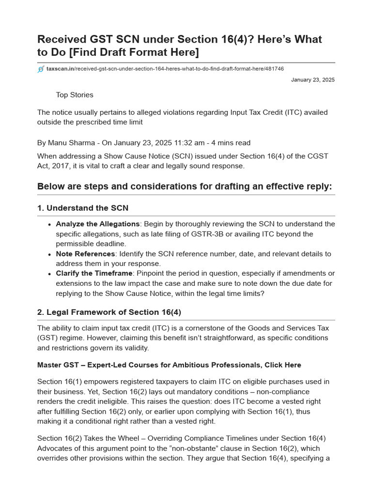 Received GST SCN Under Section 16 (4) - Here's What To Do (Find Draft ...