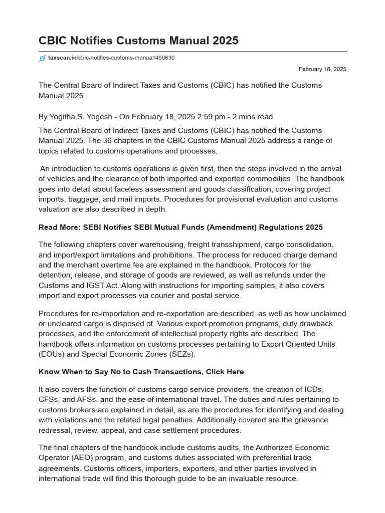 CBIC Notifies Customs Manual 2025 | PDF | Customs | Justice