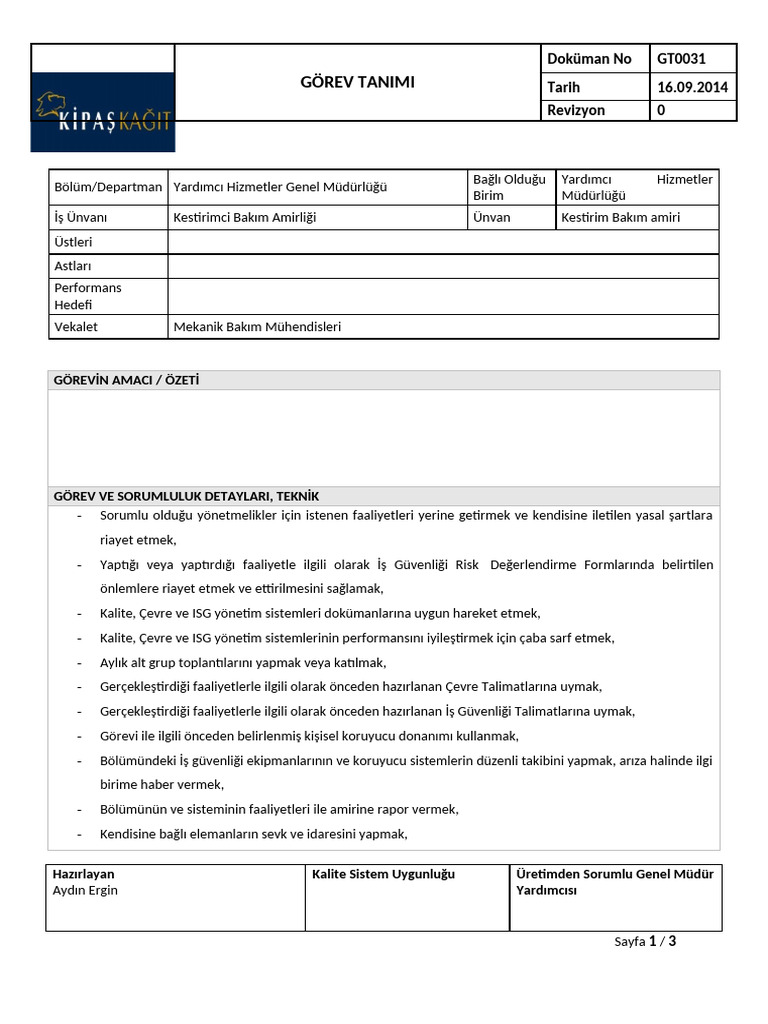Görev Tanimi Gt0031kesti̇ri̇mci̇ Bakim Ami̇ri̇ | PDF