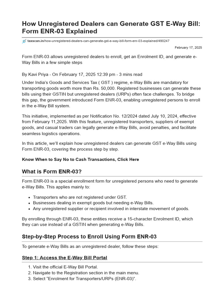 How Unregistered Dealers Can Generate GST E-Way Bill - Form ENR-03 ...