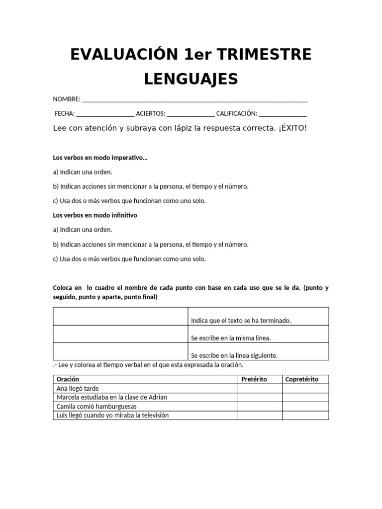EVALUACIÓN 1er TRIMESTRE | PDF | Verbo | Sintaxis