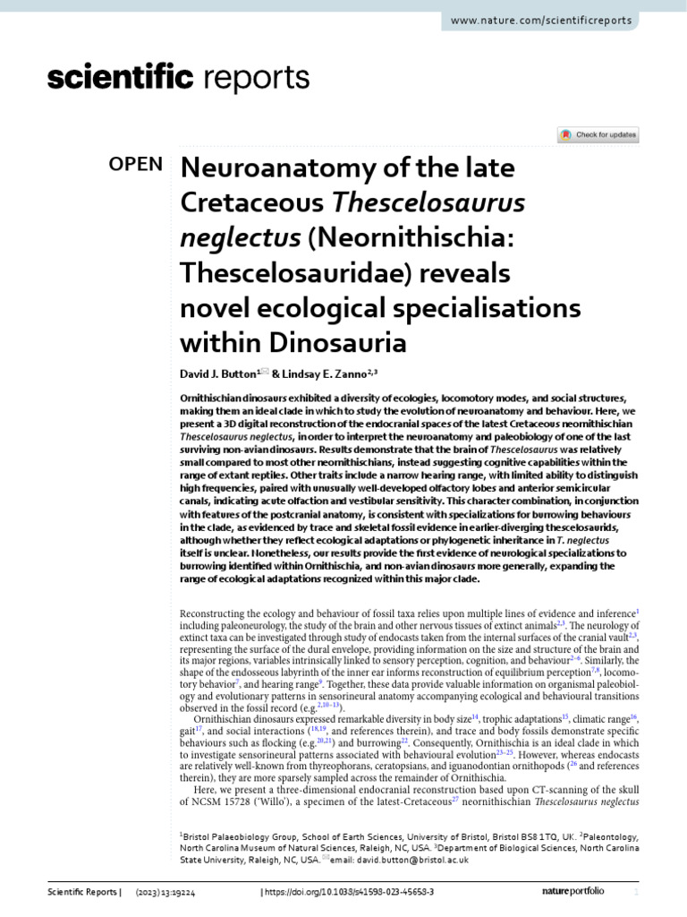 Neuroanatomy of The Late Cretaceous (Neornithischia: Thescelosauridae ...