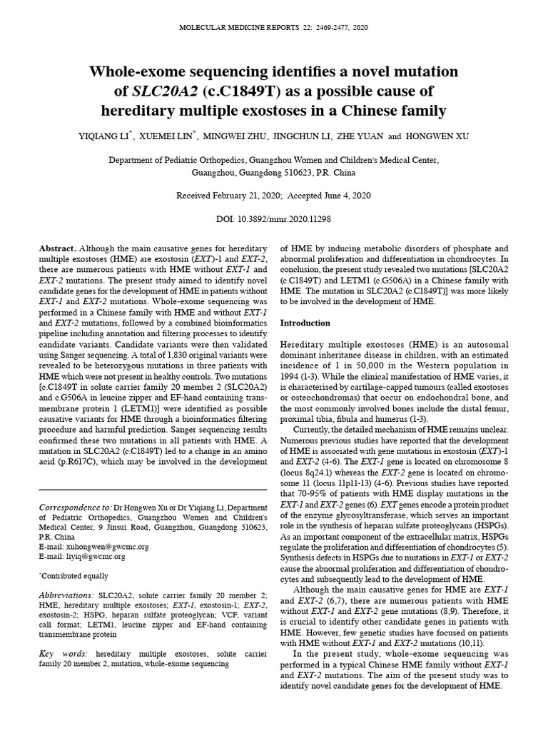 Whole Exome Sequencing Identifies A Novel Mutation of Slc20a2 C c1849t As A Possible Cause of ...