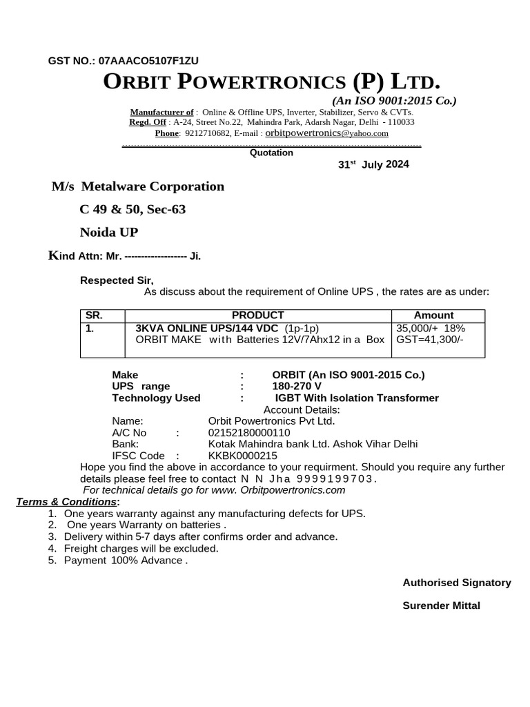 Online UPS Quotation from Orbit Powertronics | PDF