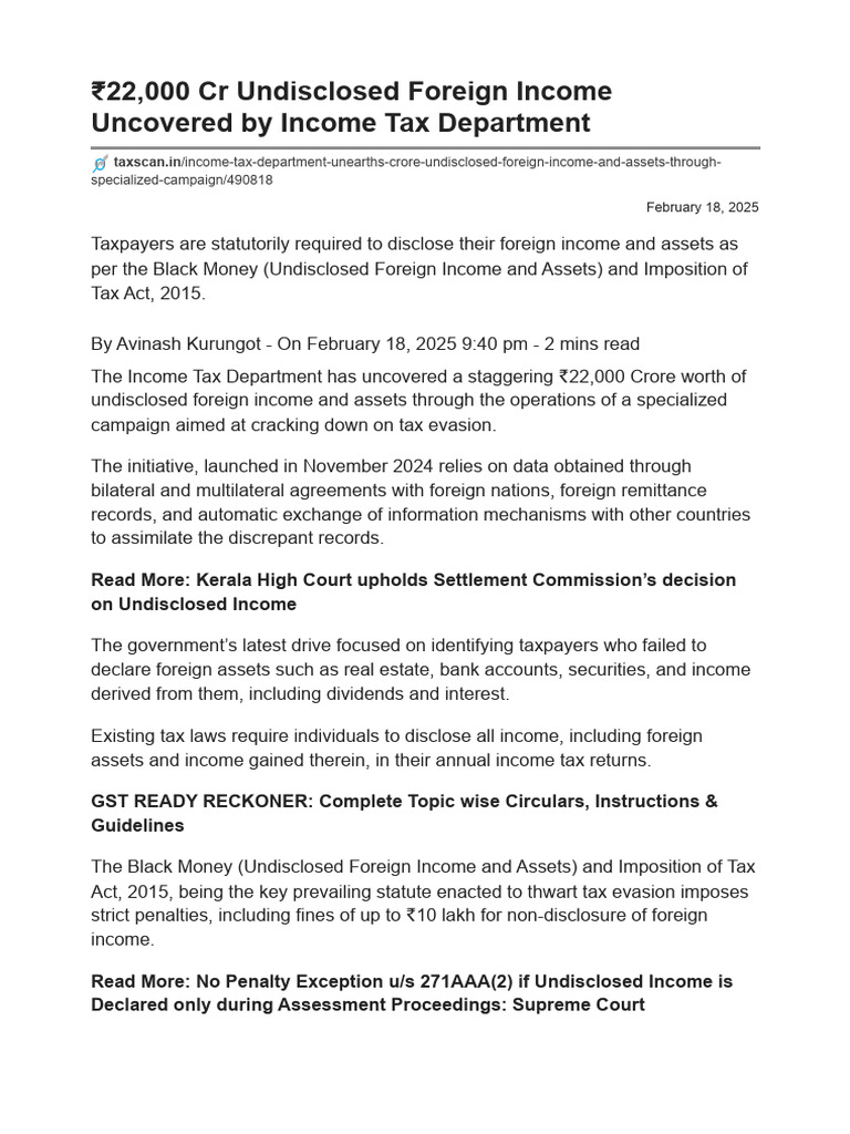 22,000 CR Undisclosed Foreign Income Uncovered by Income Tax Department ...