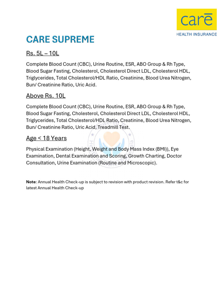Care Supreme Annual Health Checkup List | PDF