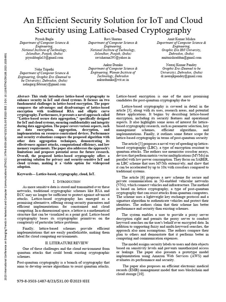 Lattice-Based Cryptography for IoT Security | PDF | Cryptography ...