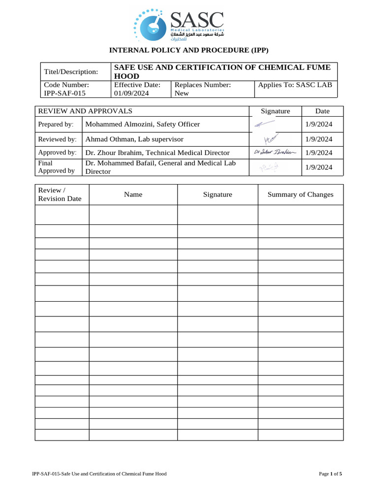 IPP-SAF-015 Safe Use and Certification of Chemical Fume Hood | PDF | Safety
