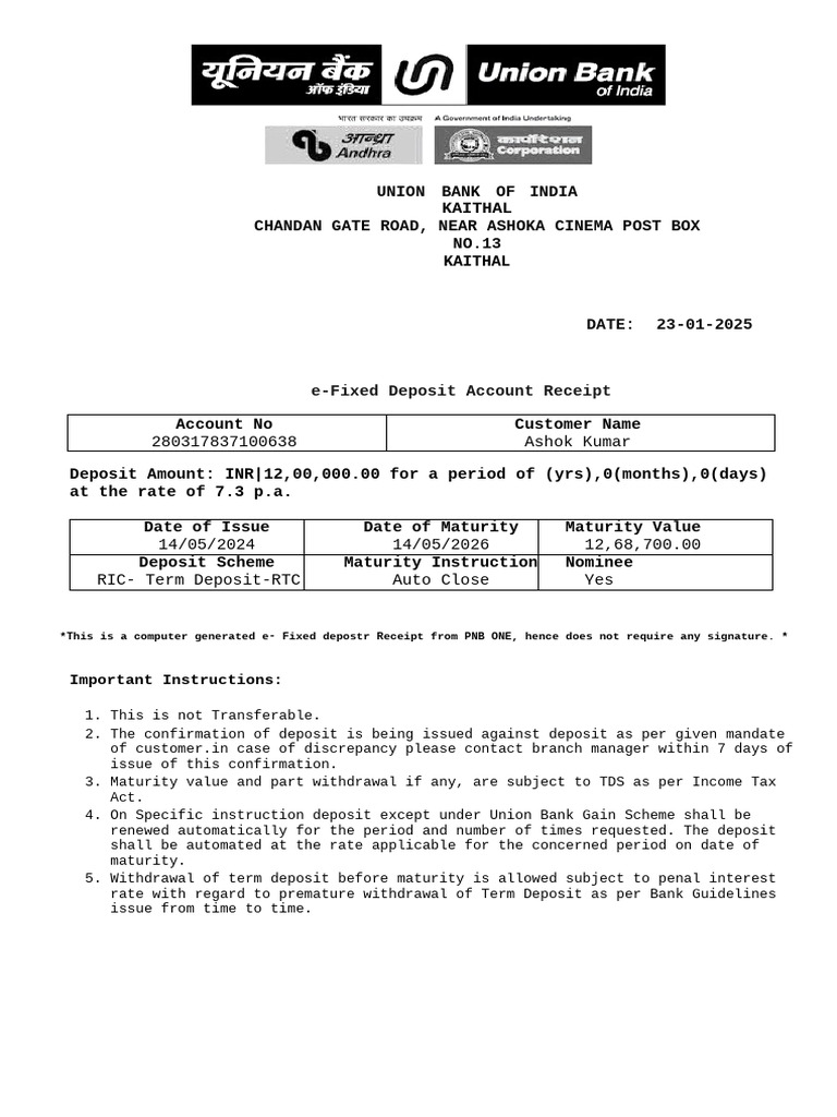 Union Bank Fixed Deposit Receipt | PDF
