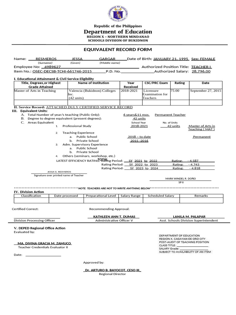 EQUIVALENT RECORD FORM ERF Revised 2023 | PDF | Qualifications ...