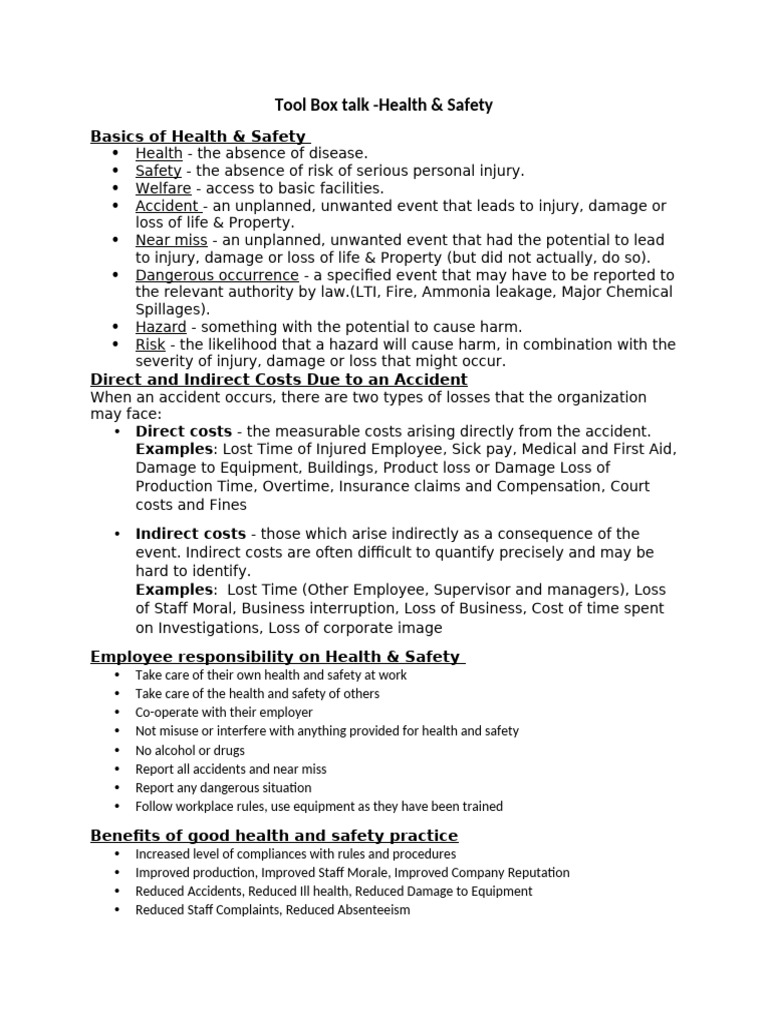 Health & Safety Toolbox Talk Guide | PDF | Occupational Safety And ...