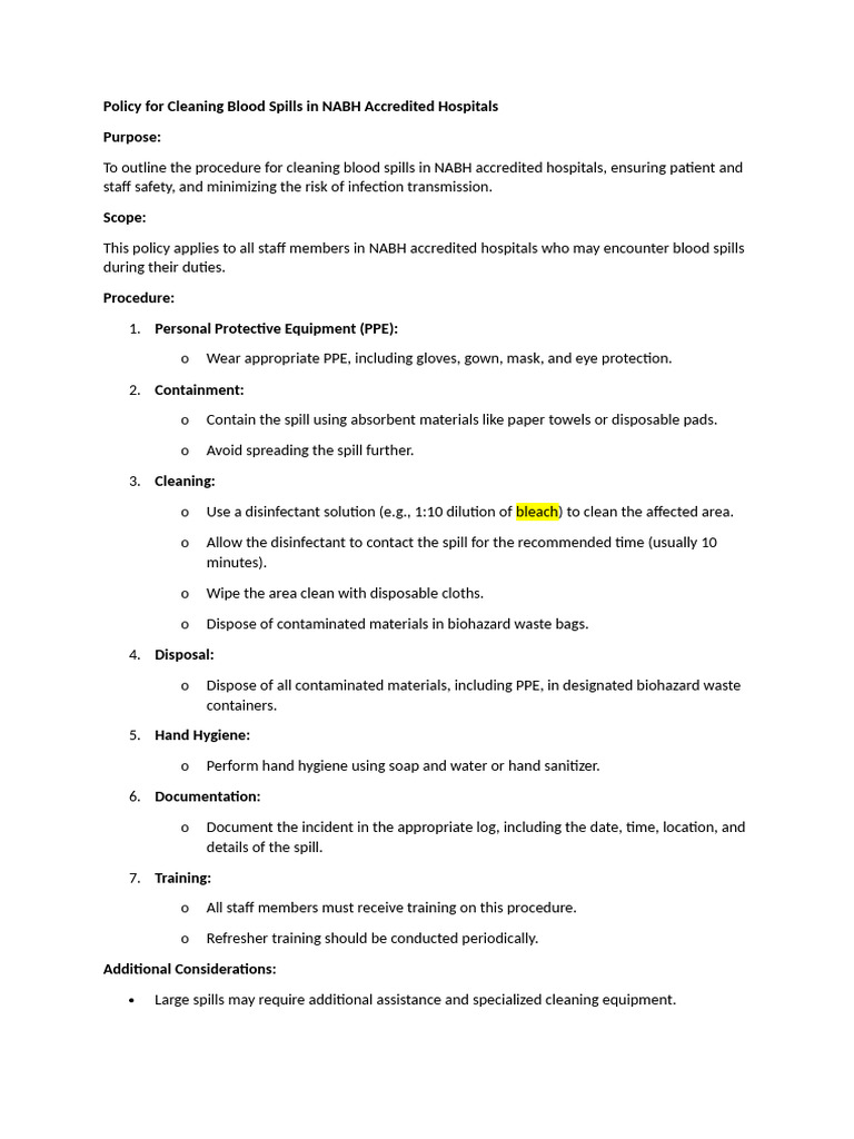 Blood Spill Cleaning Policy for NABH Hospitals | PDF