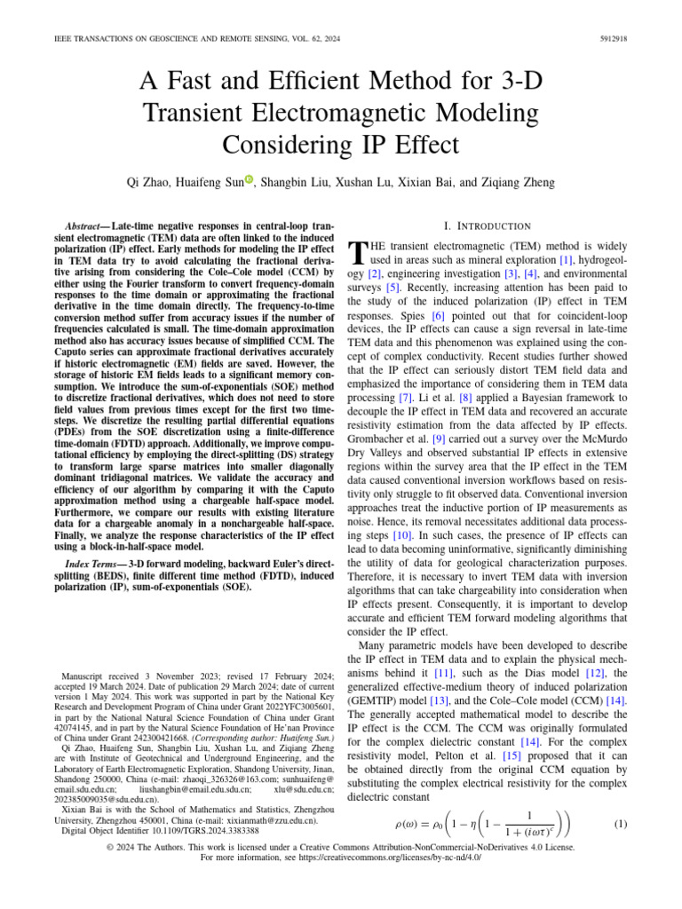 A Fast and Efficient Method For 3-D Transient Electromagnetic Modeling Considering IP Effect ...