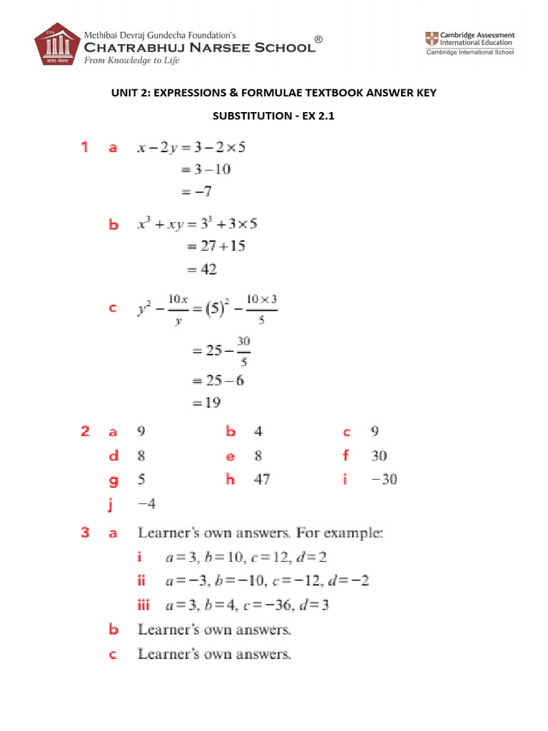 UNIT_2_EXPRESSIONS___FORMULAE_TEXTBOOK_ANSWER_KEY (1) | PDF
