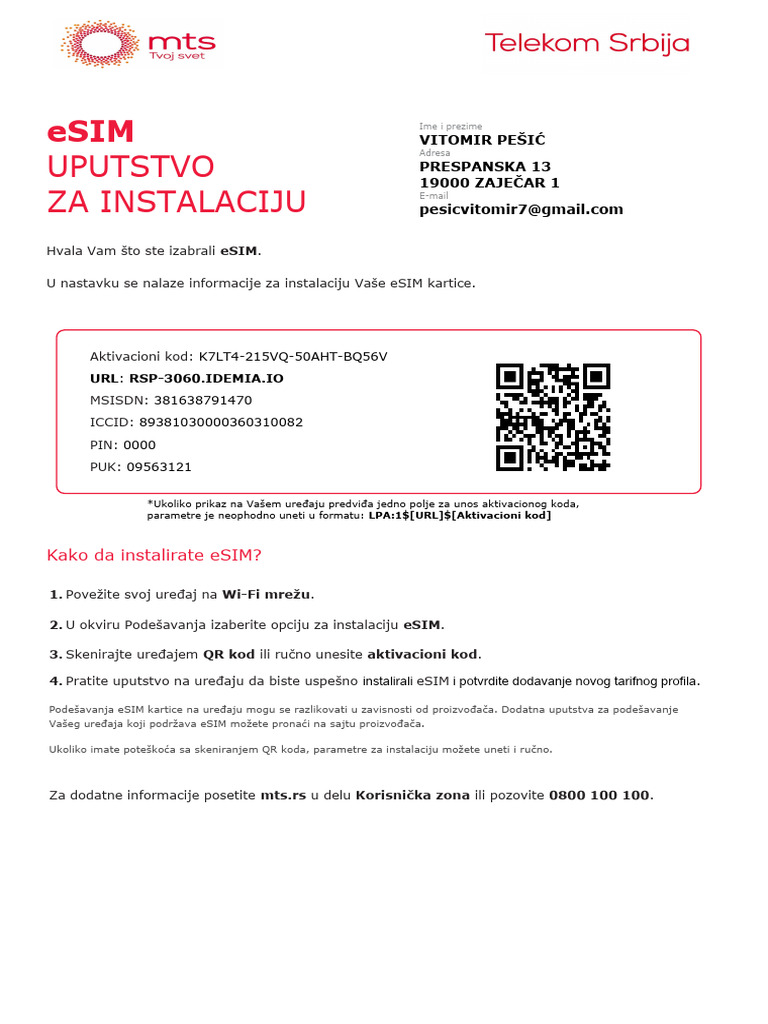 eSIM AKTIVACIJA FIZ LICE 381638791470 | PDF