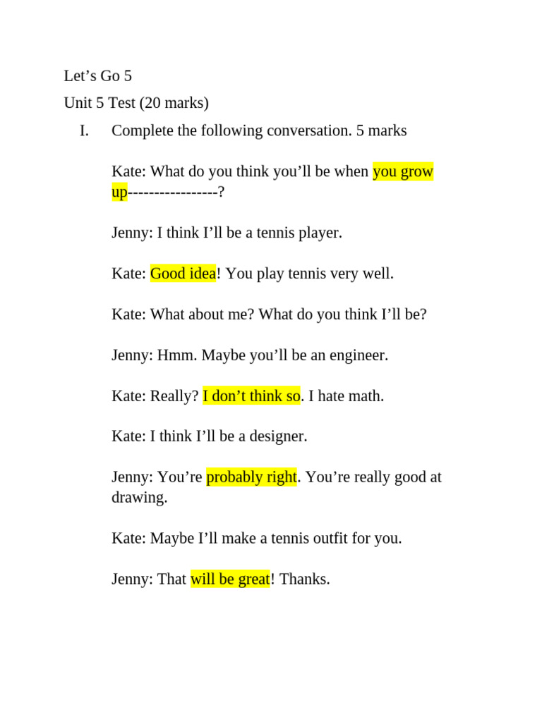 Let's Go 5 Unit 5 Test | PDF