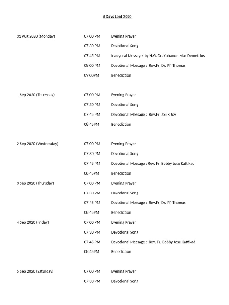 Lent 2020 Evening Prayer Schedule | PDF