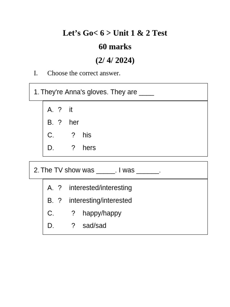 Let's Go 6 Unit 1 & 2 Test | PDF