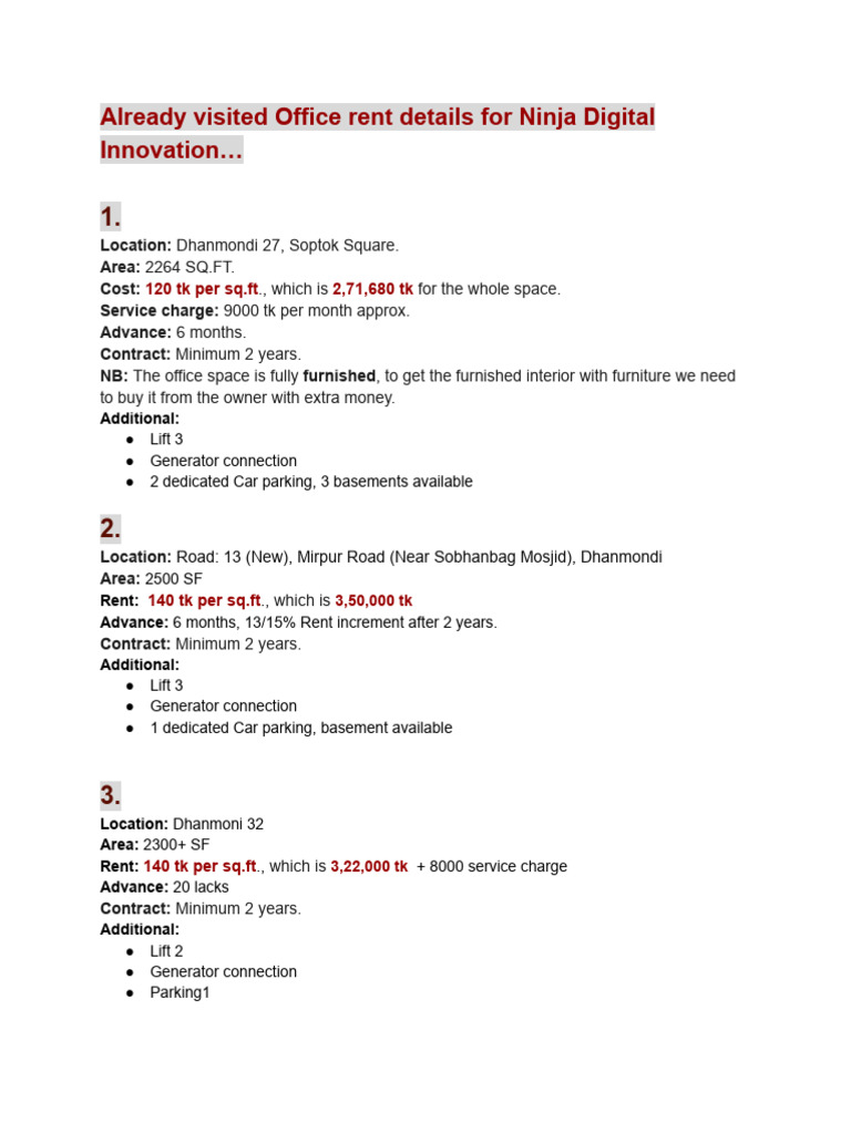 Office rent details for Ninja Digital Innovation… | PDF