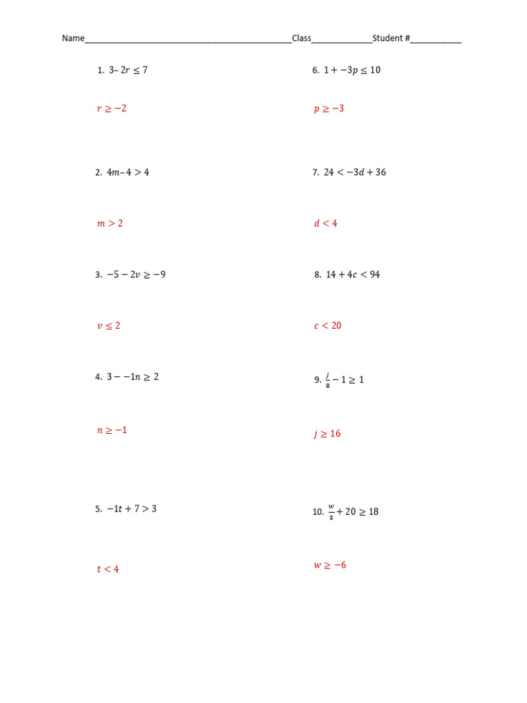 Lesson 9 IXL HW - Solve 2 Step Linear Inequalities - ANSWER KEY | PDF
