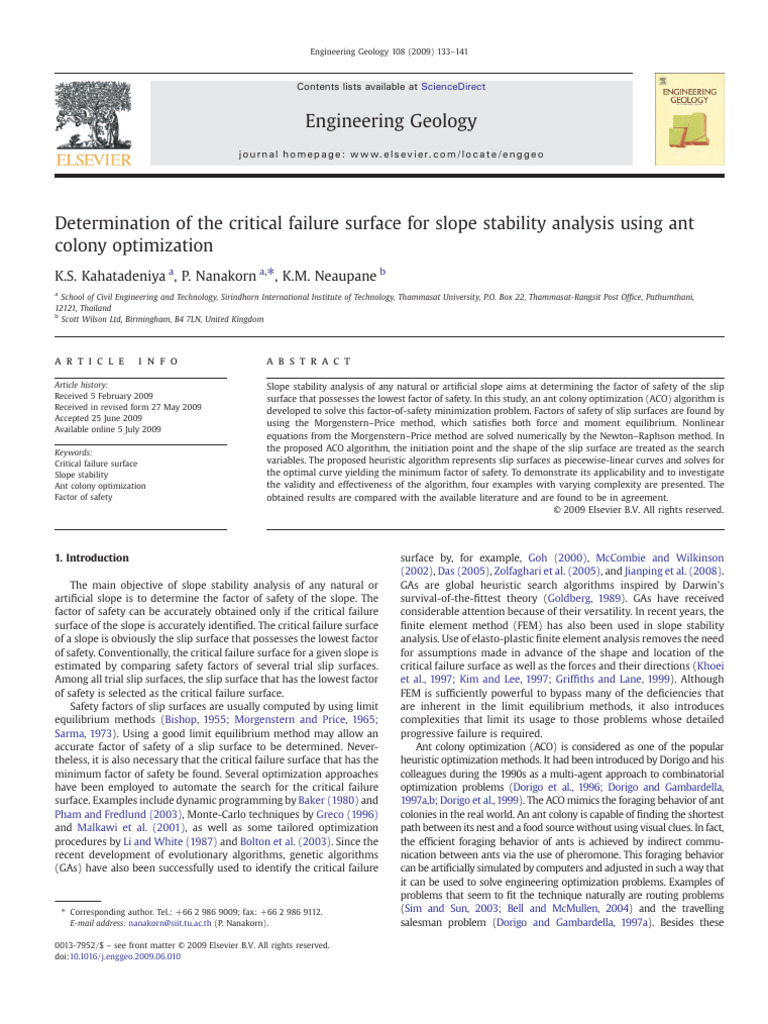 Determination of the critical failure surface for slope stability analysis using ant colony ...