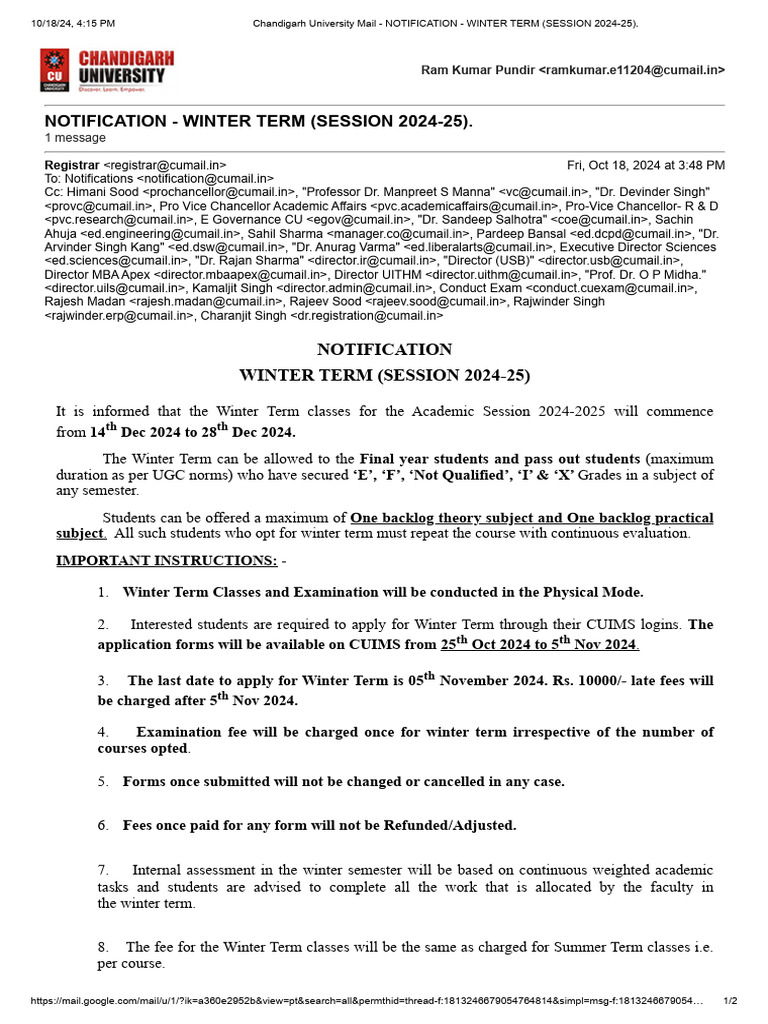 Winter Term Notification 2024-25 | PDF