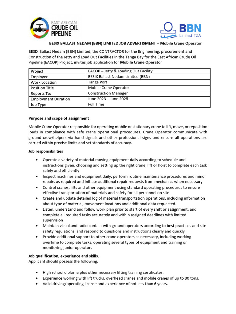 Job Advertisment Mobile Crane Operator | PDF | Crane (Machine) | Elevator