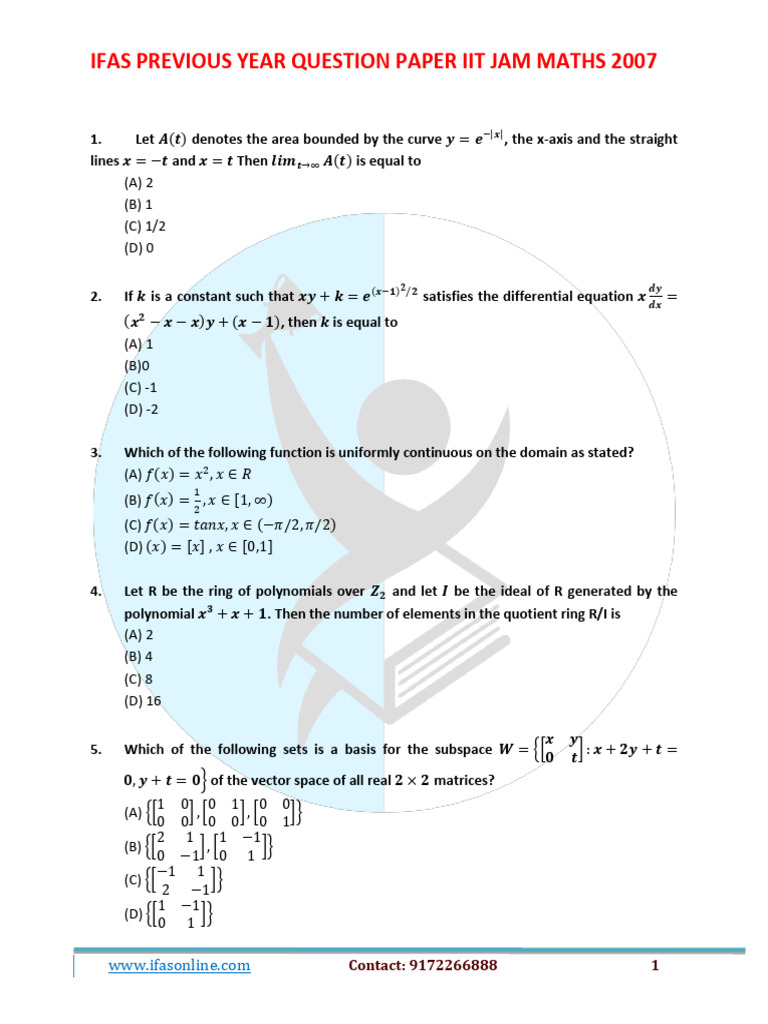 IIT JAM Maths 2007 Question Paper | PDF | Ring (Mathematics) | Matrix ...