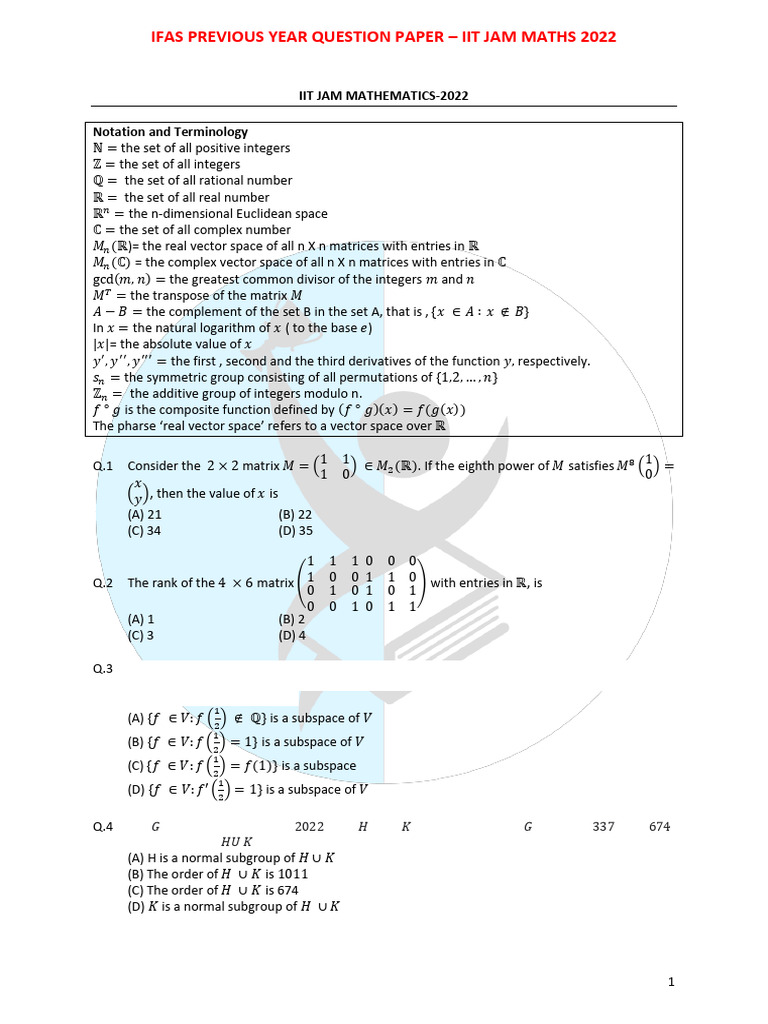 Ifas Previous Year Question Paper Iit Jam Maths 2022 | PDF | Group ...