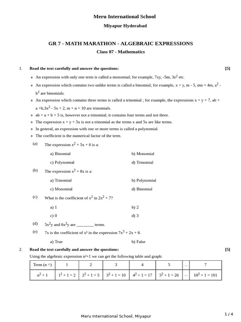 Grade 7 Math: Algebraic Expressions Guide | PDF | Factorization ...