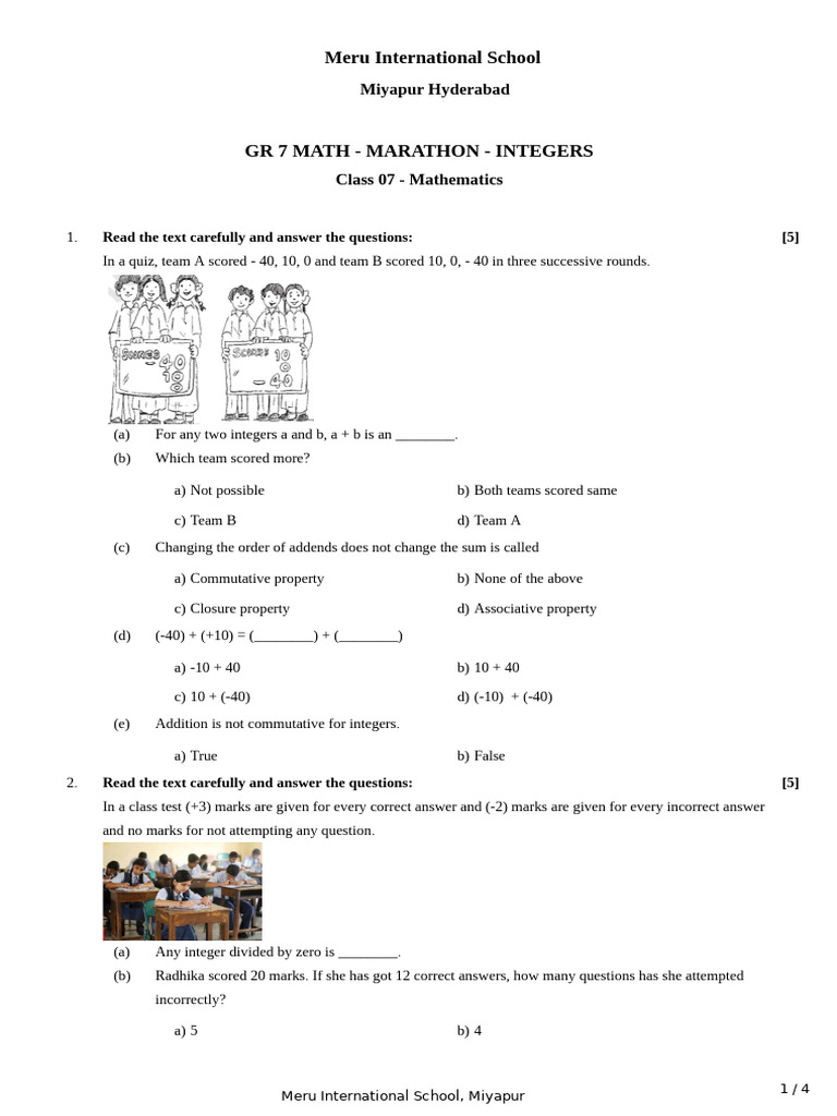 Class 7 Math Quiz on Integers | PDF | Mathematics