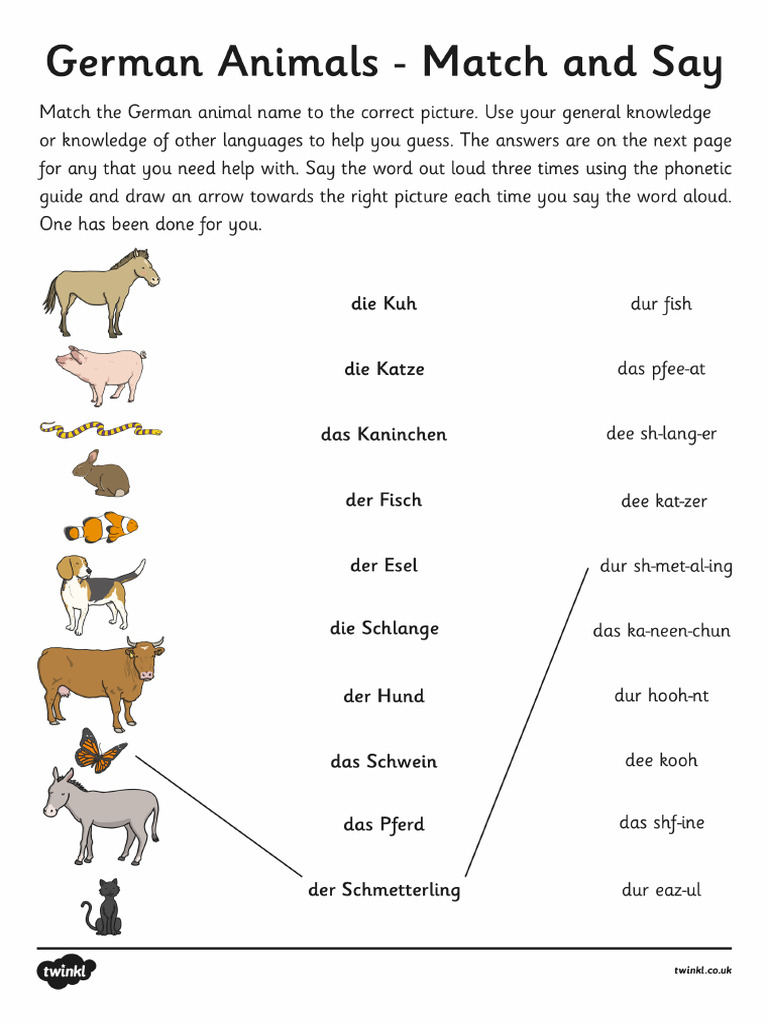 T2 L 151 German Animals Match and Say Worksheet | PDF