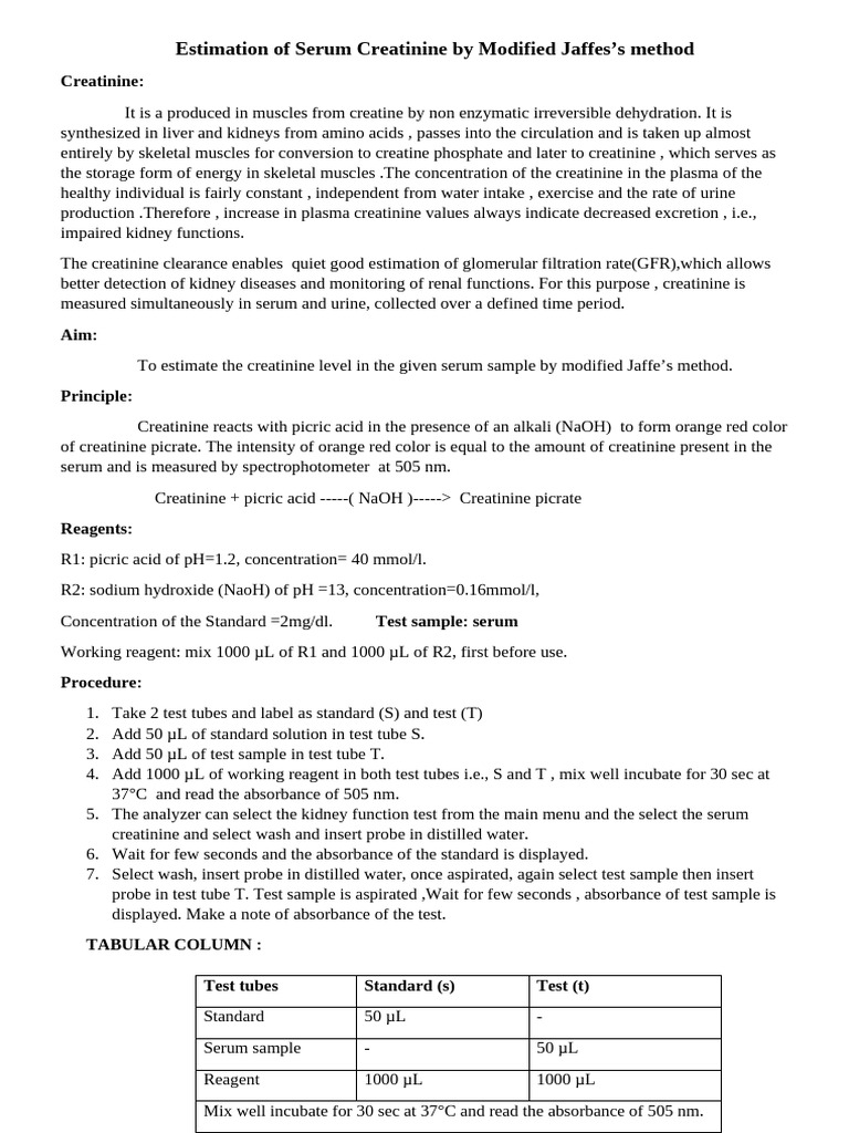 Serum Creatinine Estimation Guide | PDF | Creatinine | Kidney