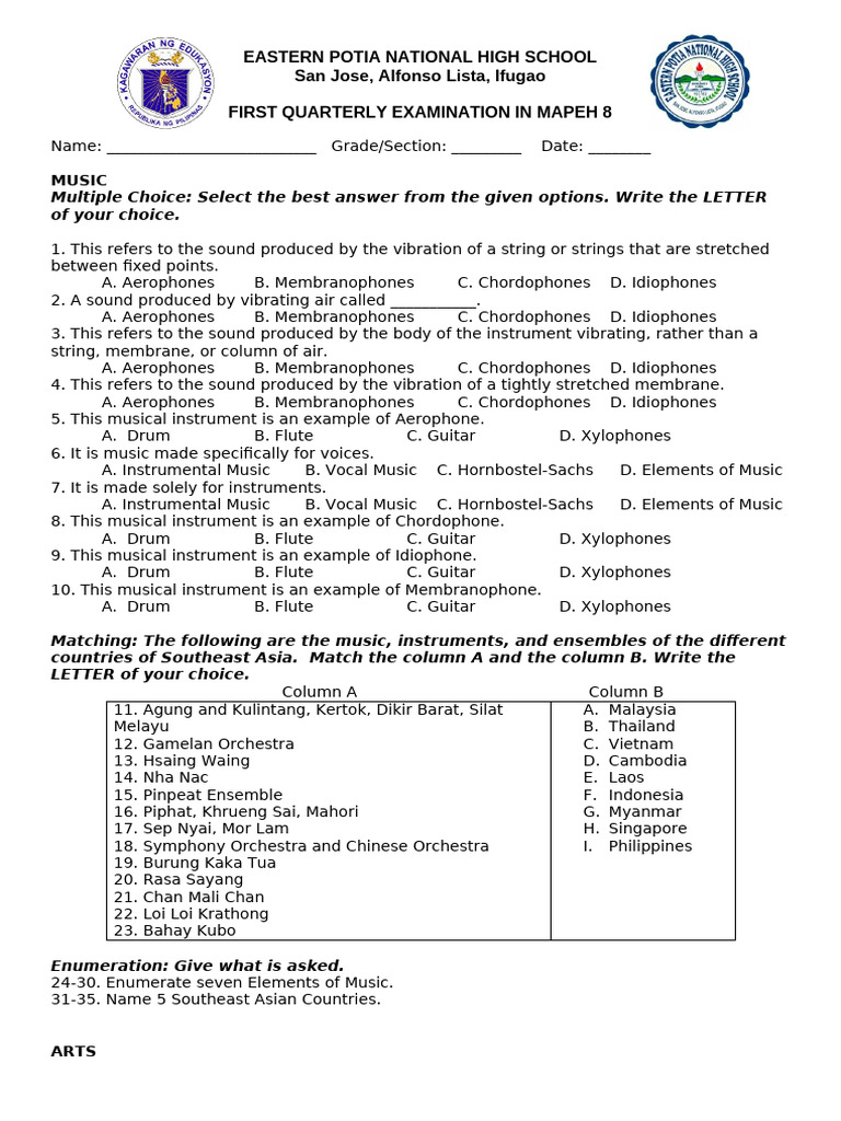 MAPEH 8 First Quarter Exam | PDF | Gender | Gender Studies