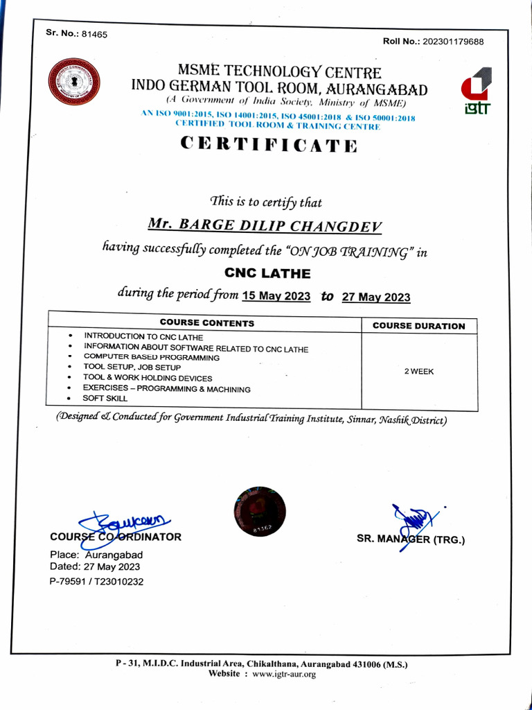 CNC Certificate Aurangabad | PDF