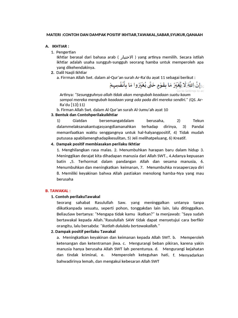 Contoh Dan Dampak Positif Ikhtiar Tawakal Sabar Syukur | PDF