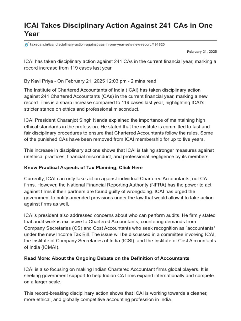 ICAI Takes Disciplinary Action Against 241 CAs in One Year | PDF | Accounting | Government
