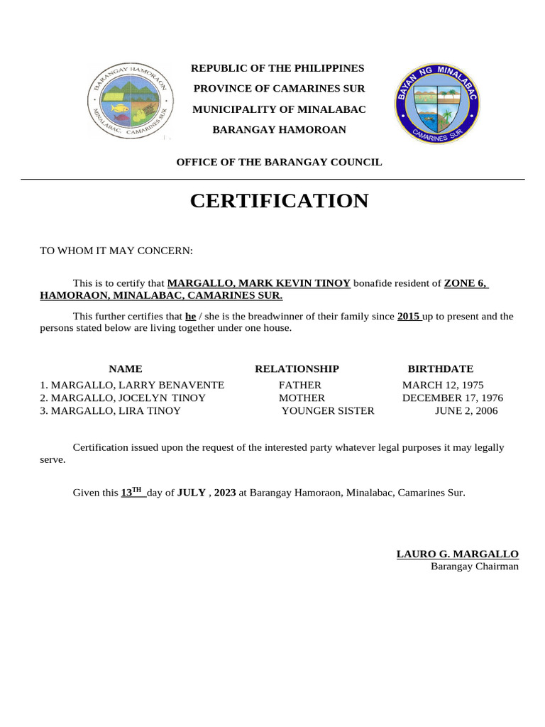 Barangay Cert. As Breadwinner | PDF