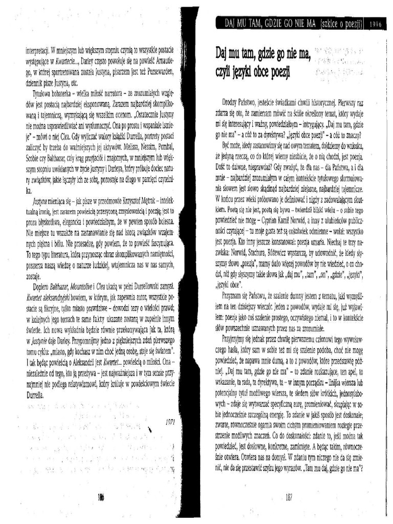 Bohdan Zadura, Daj Mu Tam, Gdzie Go Nie Ma, Czyli Języki Obce Poezji, W Tegoż, Szkice, Recenzje ...