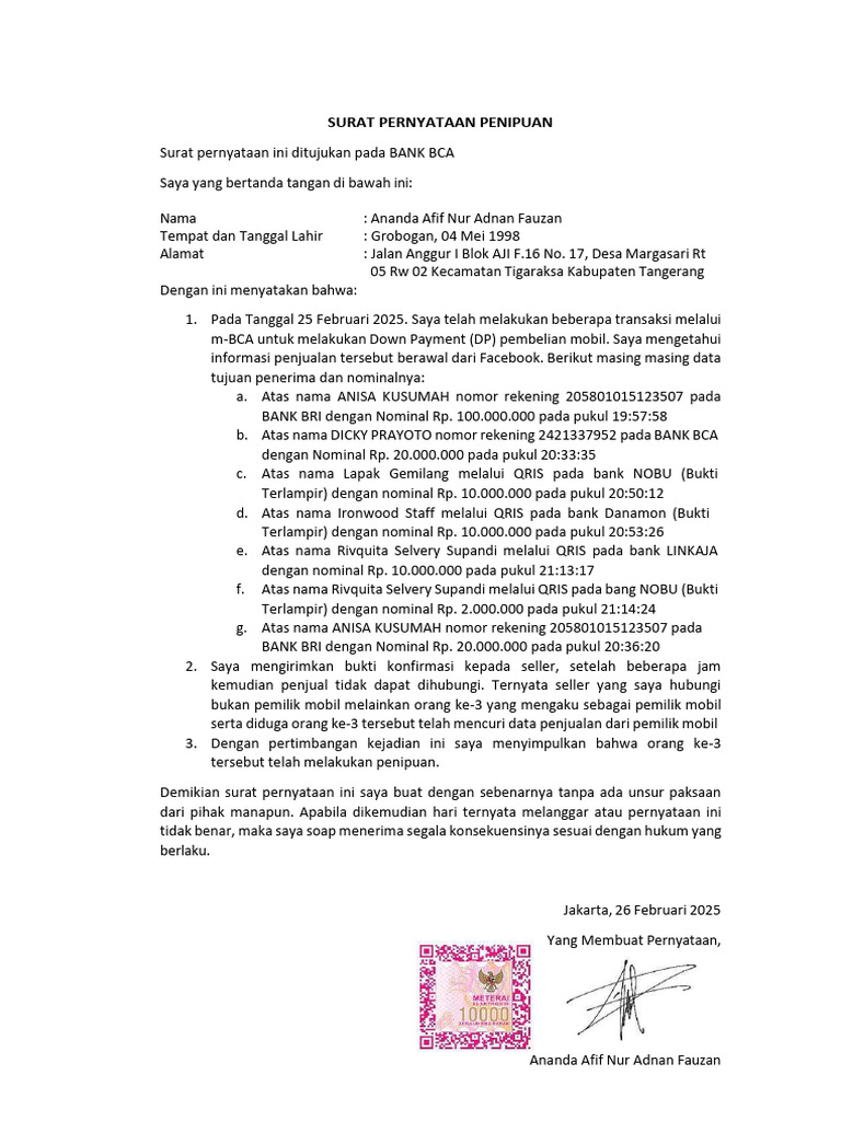 Surat Pernyataan BCA | PDF