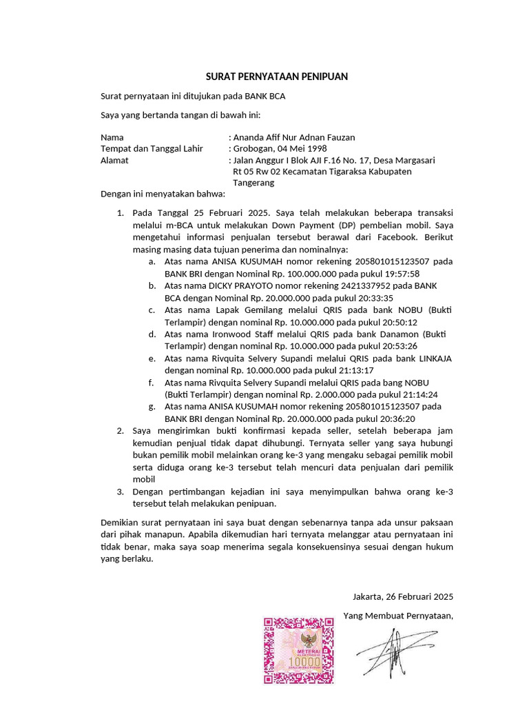 Surat Pernyataan Penipuan ke BCA | PDF